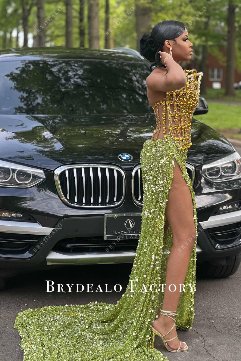 Prom Dress | Two-Tone Glitter Strapless Slit Long Train Formal Gown