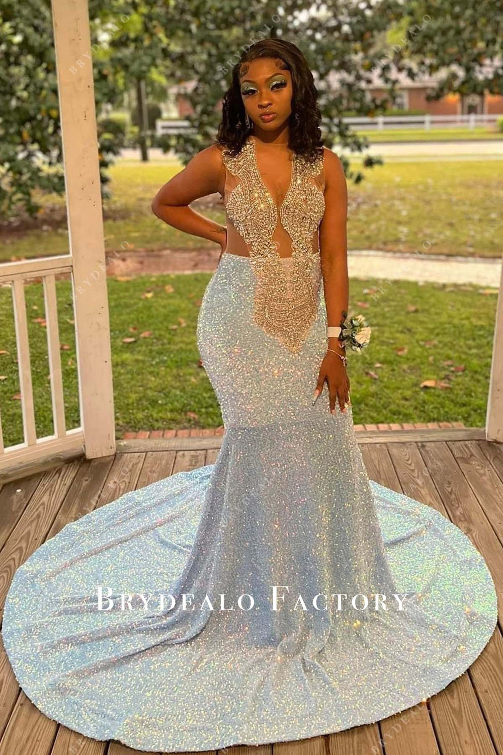 Iridescent Sequin Rhinestones Plunging Neck Sexy Mermaid Prom Dress