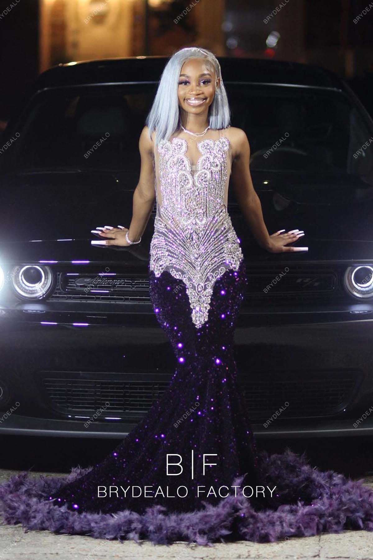 Purple Sequins Feathered Mermaid Long Train Rhinestones Prom Dress