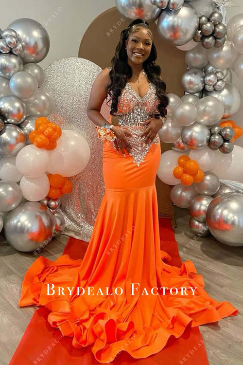 Rhinestones Sleeveless Orange Horsehair Mermaid Long Prom Dress