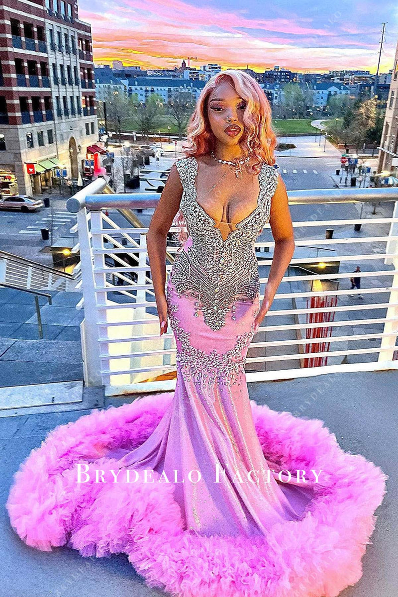 Rhinestones Plunging Neck Pink Long Train Trumpet Prom Dress