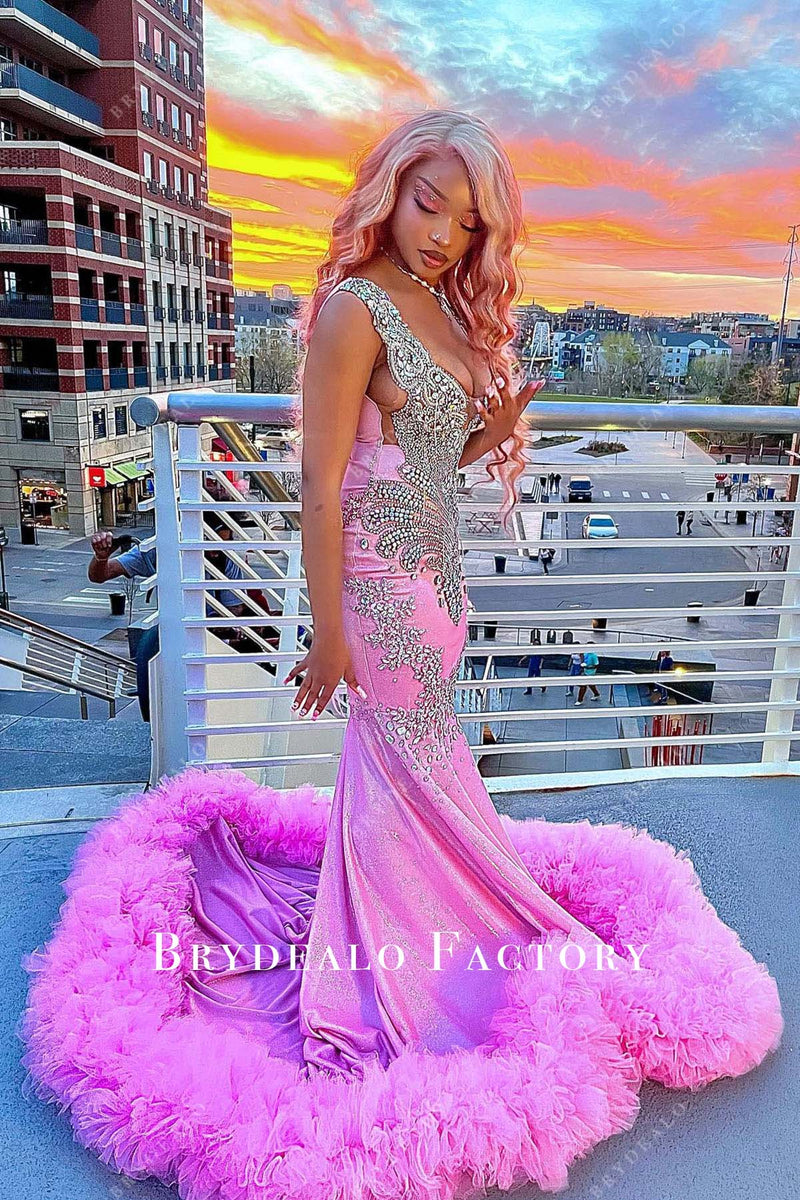 Rhinestones Plunging Neck Pink Long Train Trumpet Prom Dress