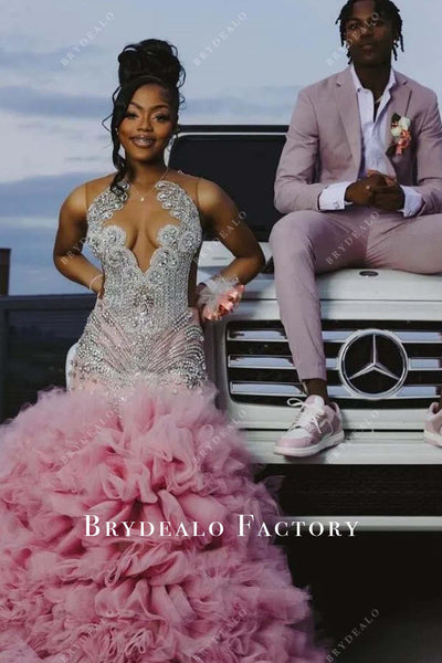 Sparkly Rhinestones Ruffled Pink Tulle Trumpet Floor Length Prom Dress