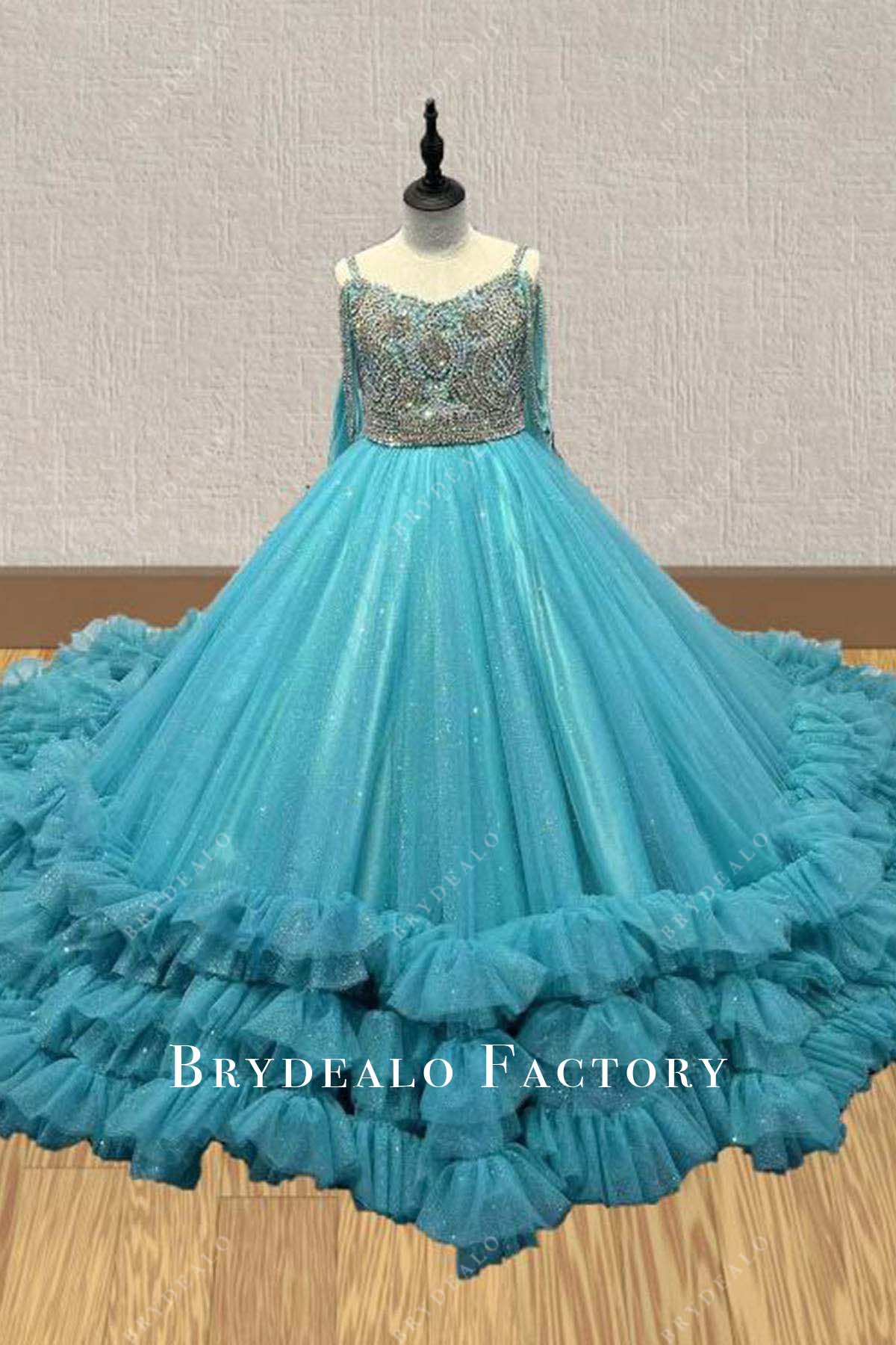 Pageant Dress | Rhinestones Pool V-Neck Ruffled A-Line Kids Gown
