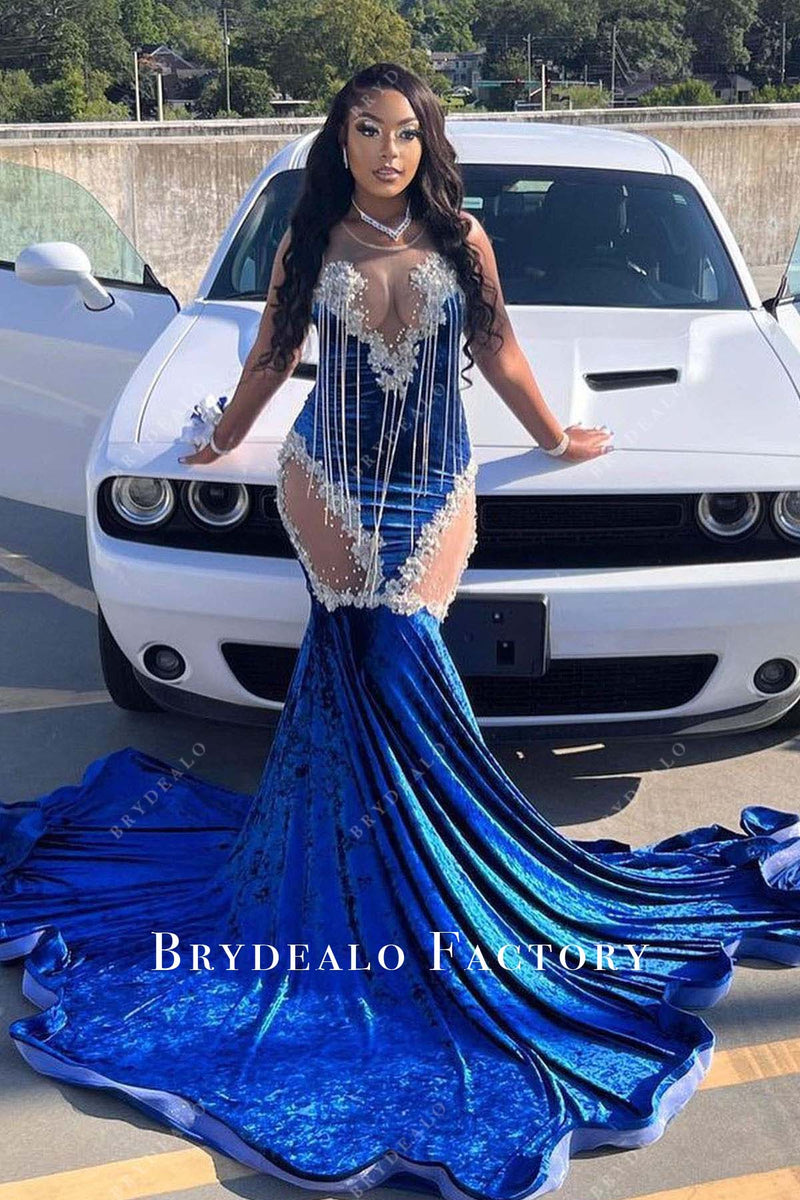 Prom Dress | Rhinestones Royal Blue Velvet Trumpet Formal Gown