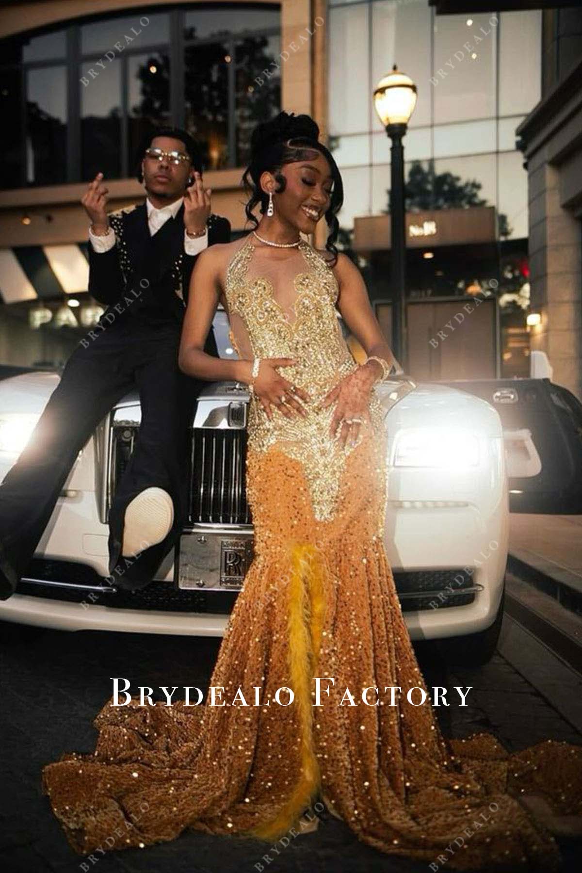 Luxury Rhinestones Sheer Bodice Gold Sequin Trumpet Prom Dress