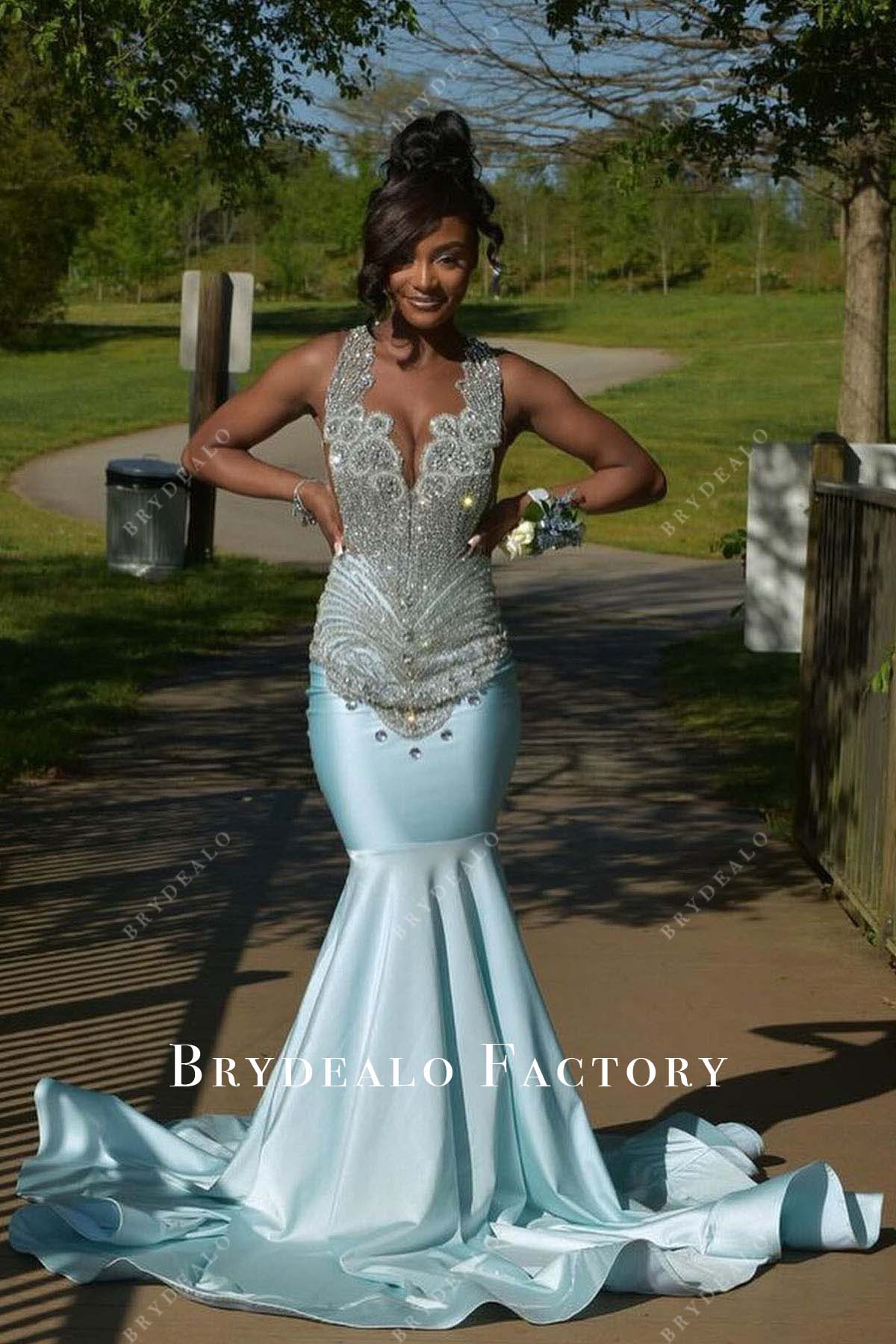 Rhinestones Bodice Blue Trumpet Long Train Prom Dress