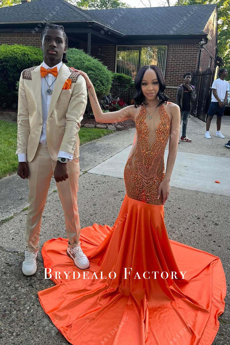 Orange Rhinestones Sheer Bodice Trumpet Prom Dress