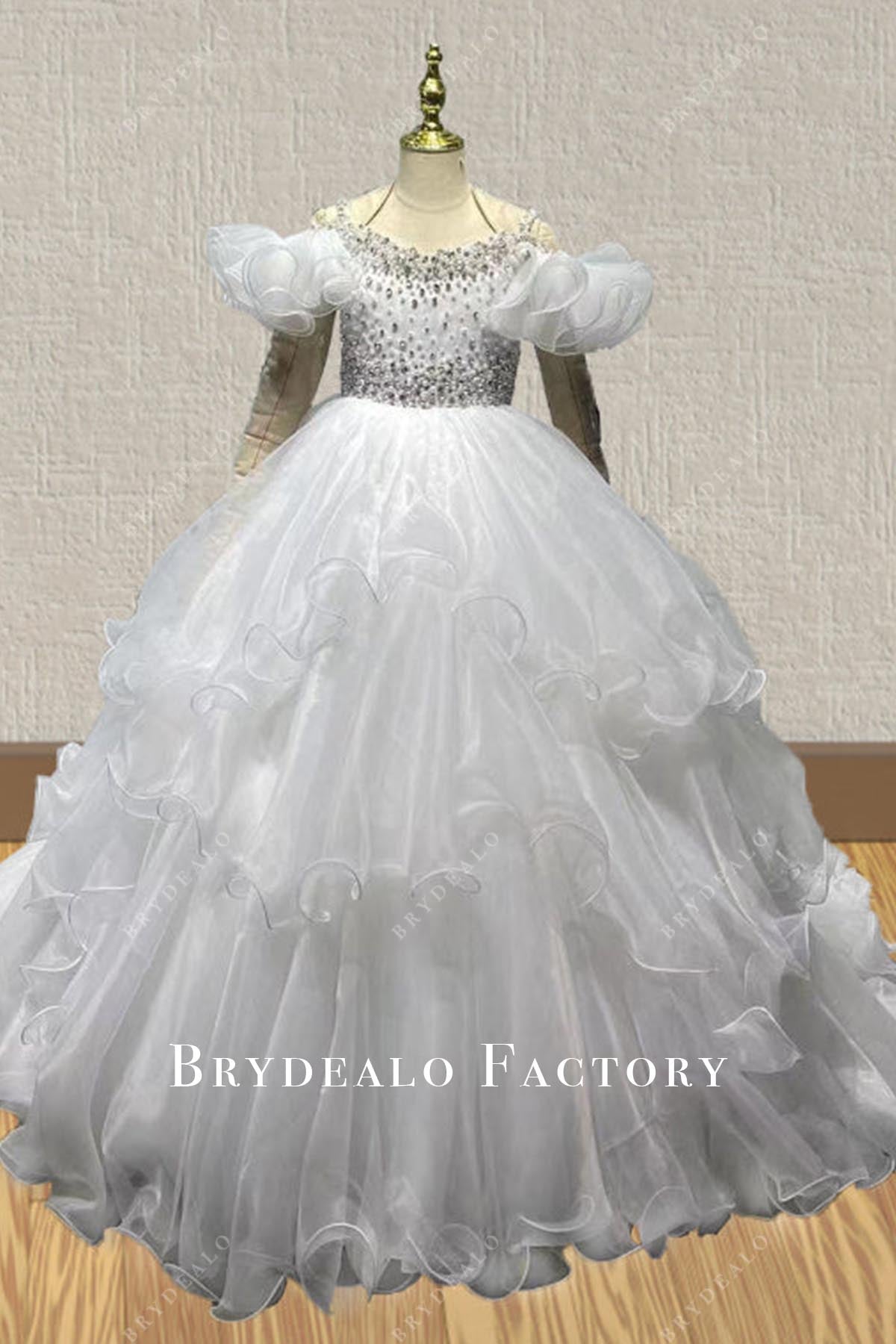 Rhinestones White Cold Shoulder Sleeves Layered Pageant Dress