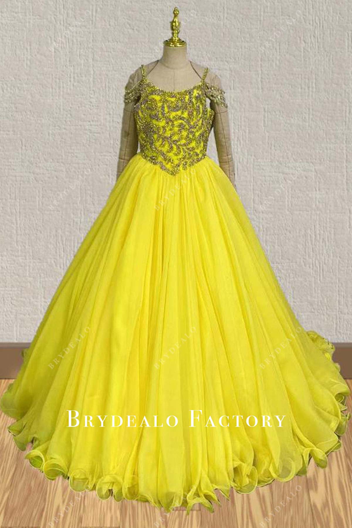 Pageant Dress | Yellow Off Shoulder A-Line Girl Pageant Dress