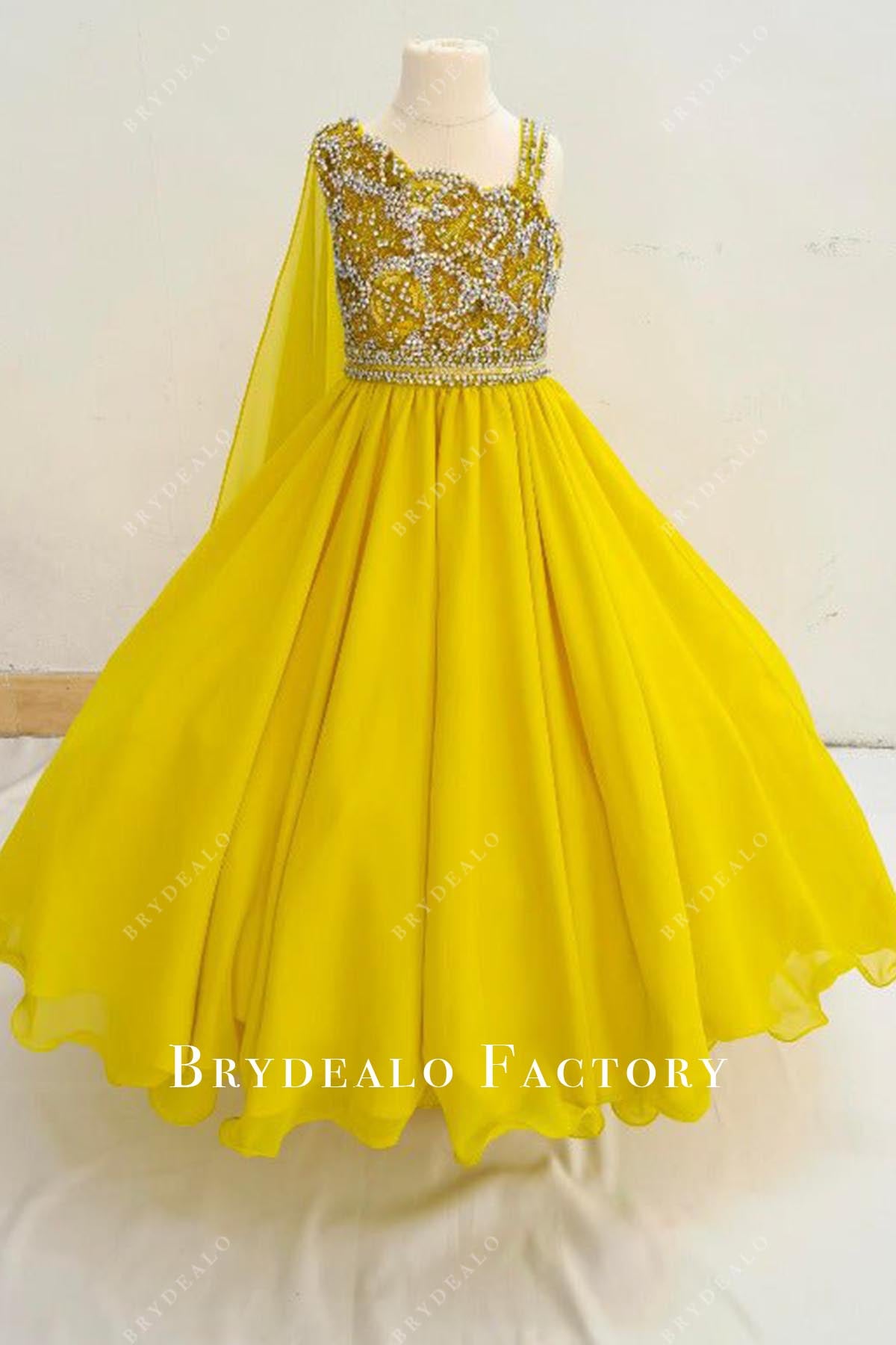 Crystals Asymmetrical Neckline Yellow A-Line Pageant Dress