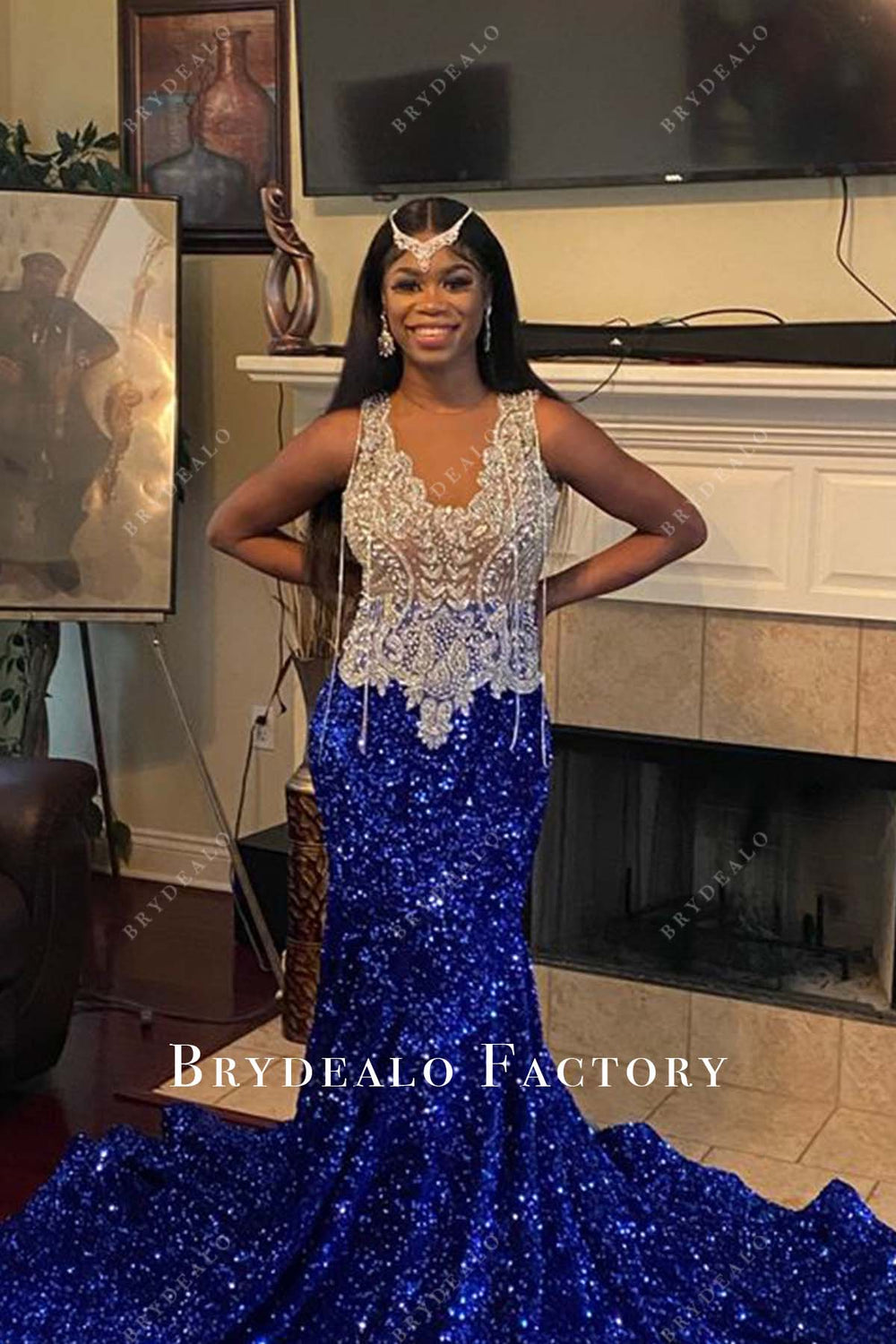 Rhinestone Royal Blue Stretchy Sequin Mermaid Fringe Prom Dress