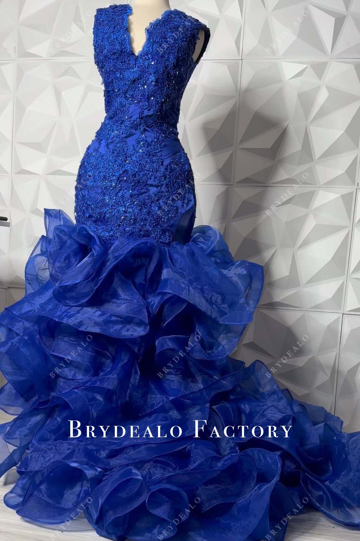 Royal Blue Lace Sleeveless Ruffled Organza Trumpet Prom Dress