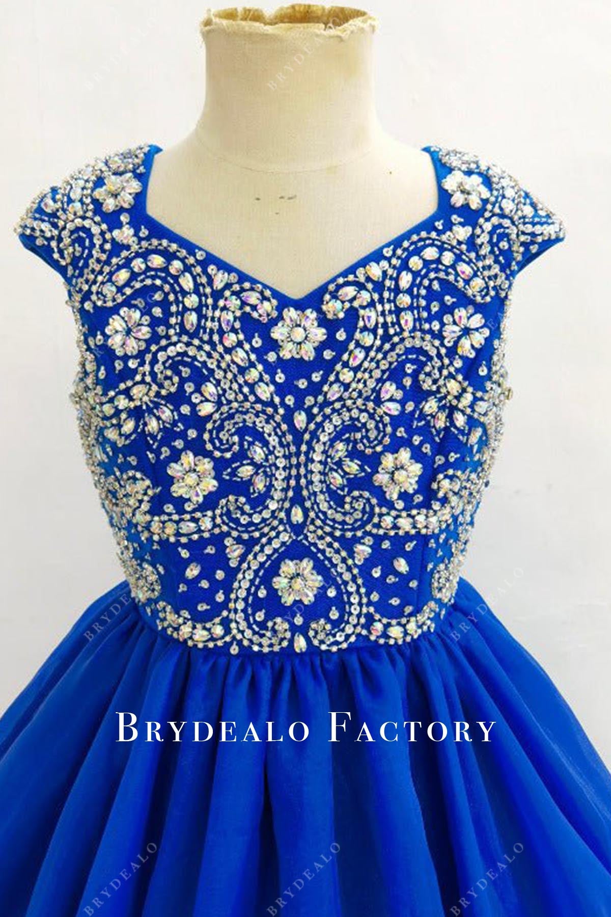 Crystals Royal Blue Queen Anne Neckline A-Line Pageant Dress