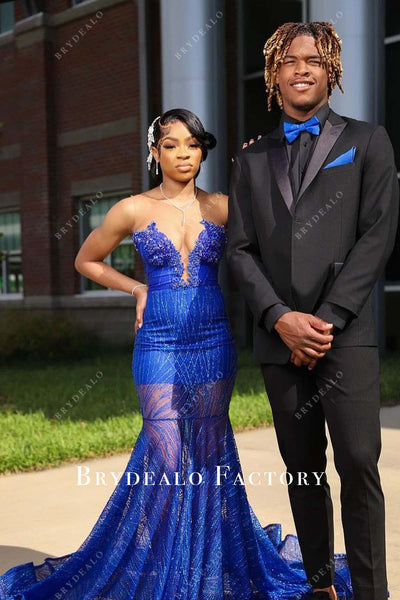 Royal Blue Glitter Trumpet Long Train Prom Dress