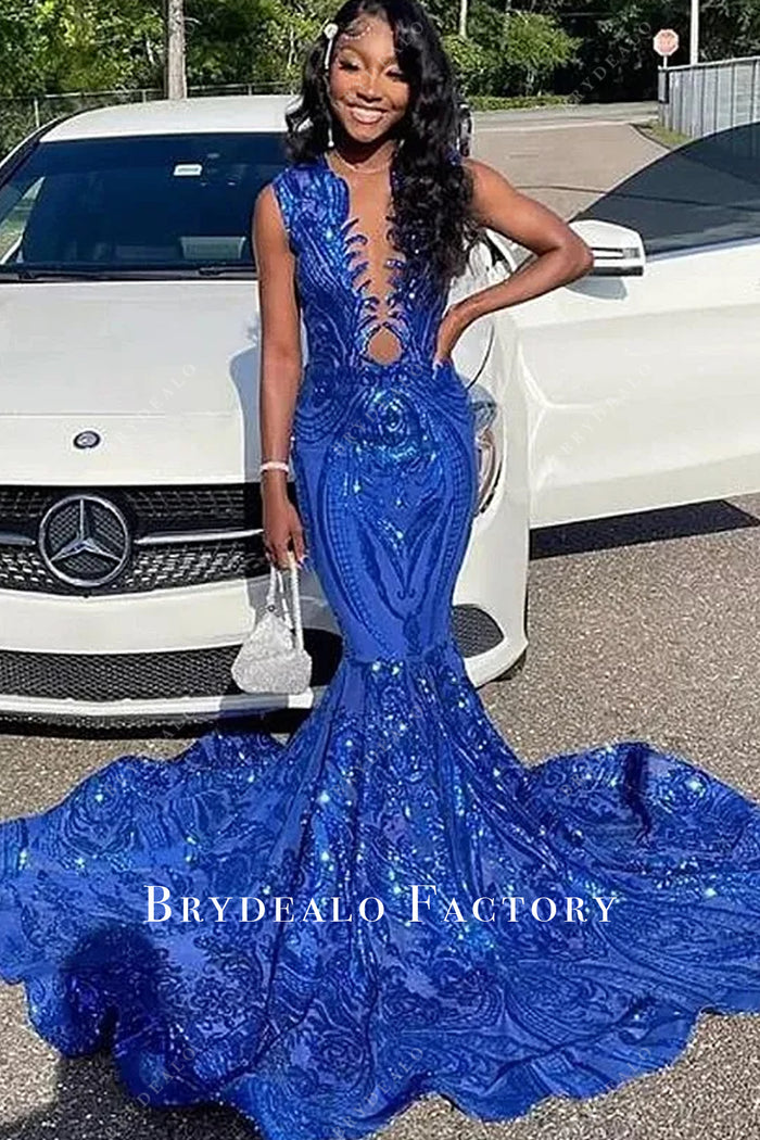 Sparkly Royal Blue Sleeveless Unique Mermaid Long Train Prom Dress