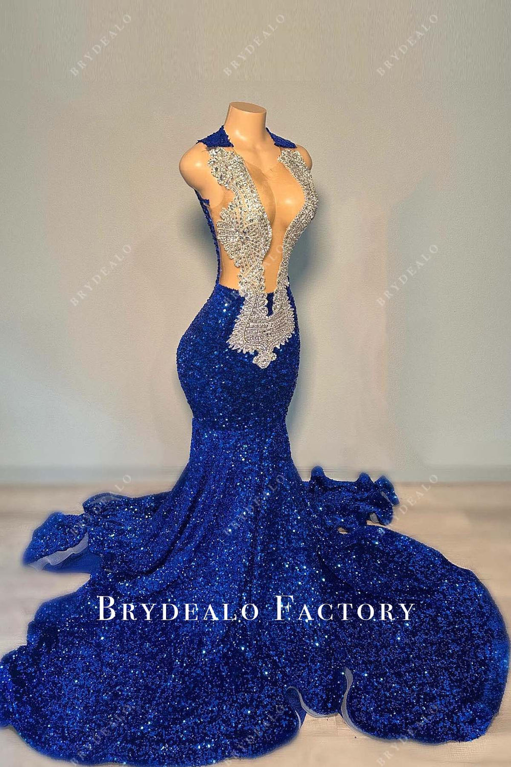 Plunging Neck Royal Blue Sequin Trumpet Rhinestone Prom Dress