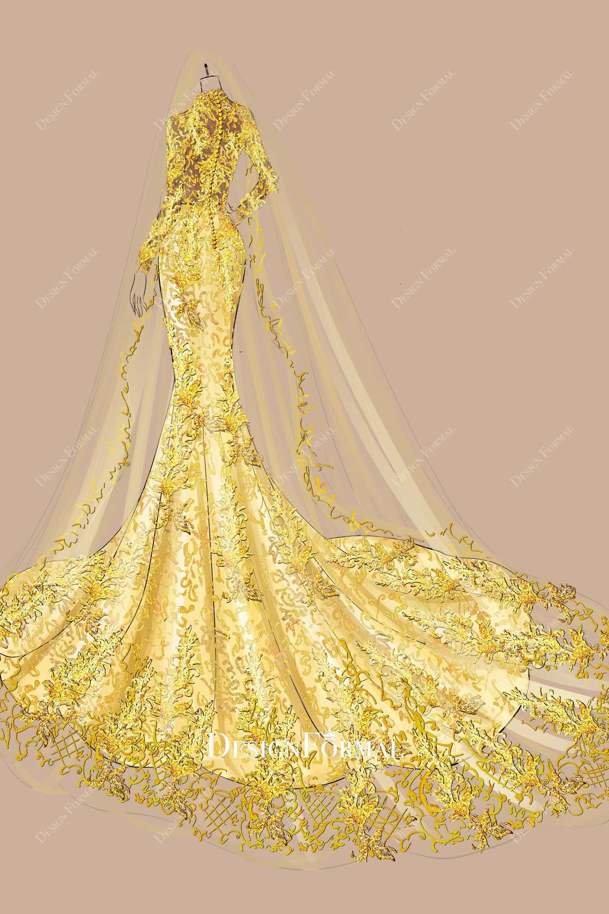 Royal Length Gold Lace Custom Wedding Veil Sketch