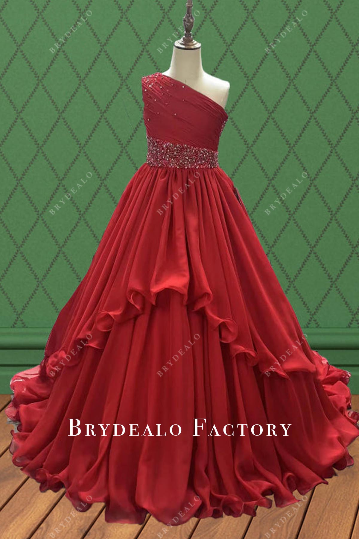 Pageant Dress | Rhinestones Red Asymmetrical Neckline A-Line Kids Gown