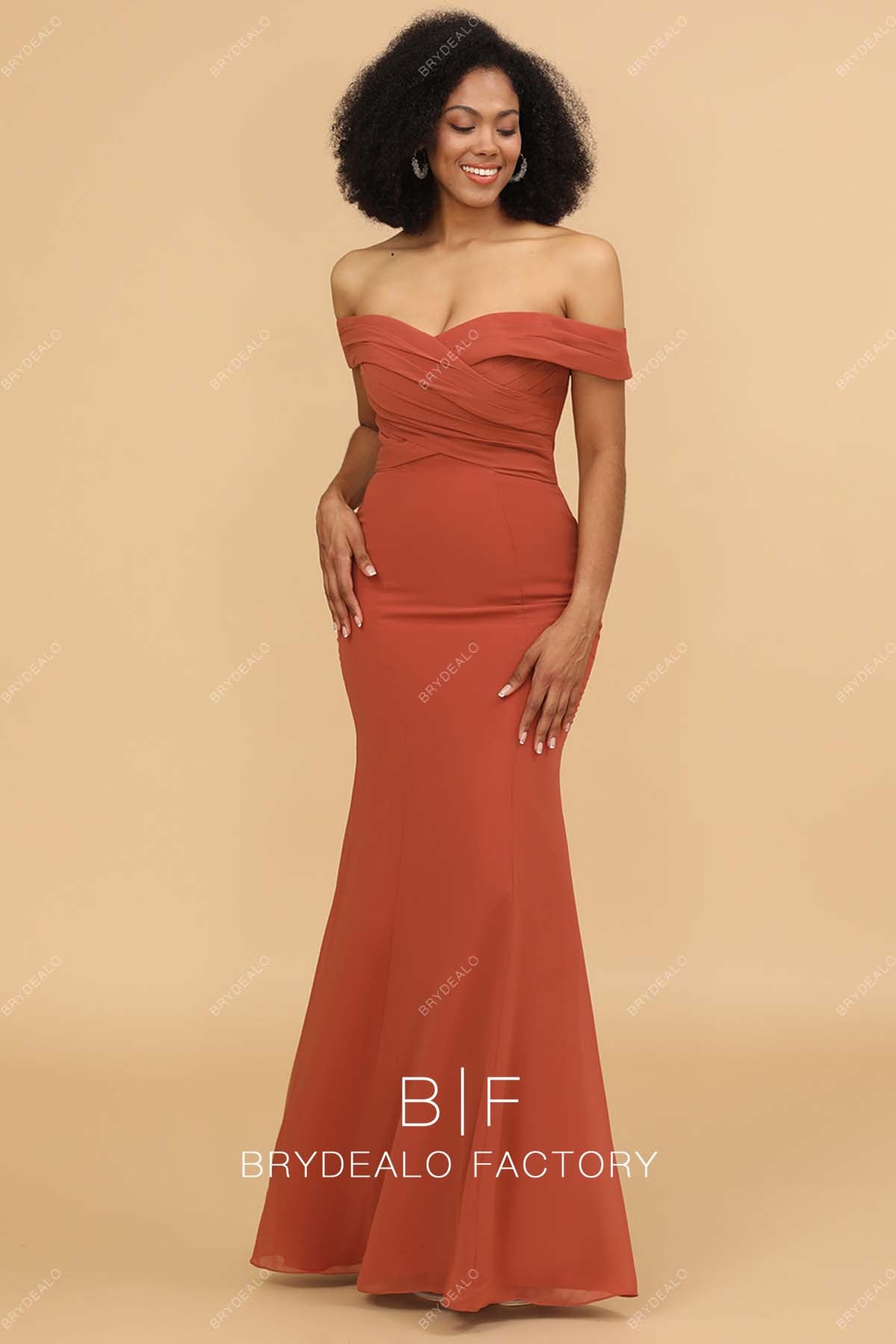 Rusty Off-Shoulder Mermaid Floor Length Chiffon Bridesmaid Evening Dress