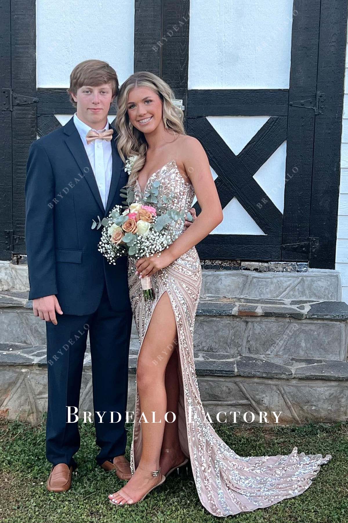 Rose Gold Sequined Strapless Slit Homecoming Dress