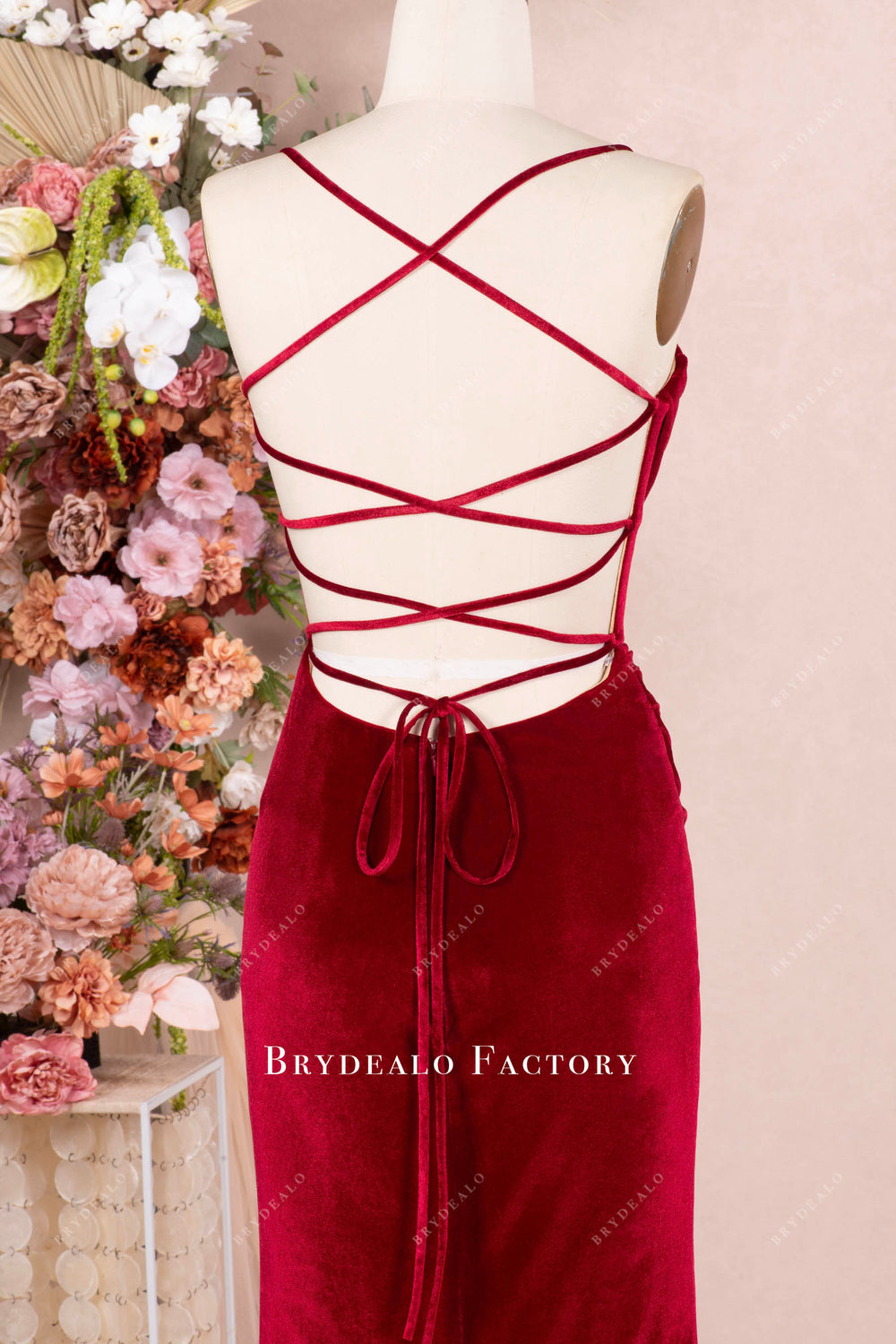 Ruby Velvet Pleated Corset High Slit Prom Formal Dress