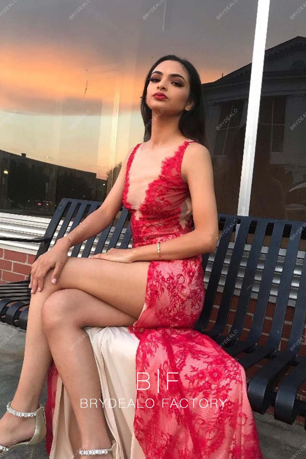 Red Lace Sexy Slit Sleeveless Fit and Flare Plunging Neck Prom Dress