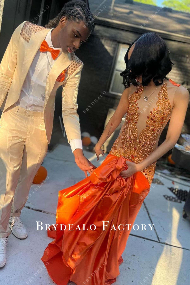 Orange Rhinestones Sheer Bodice Trumpet Prom Dress