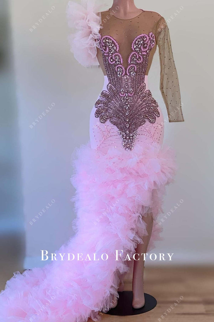 Pink Tulle One Sleeve Long Train Rhinestones Slit Prom Dress