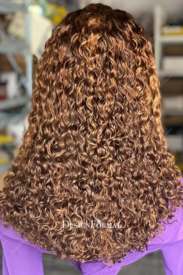 Shoulder Blade Length Kinky Curly Brown Human Hair Wig