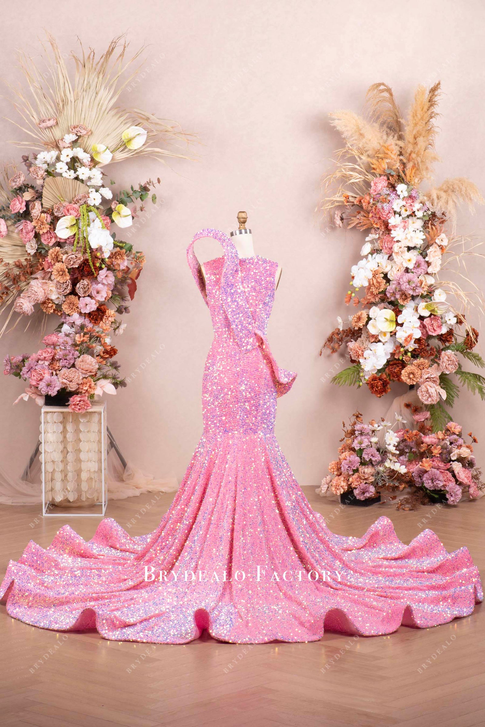 Sparkly Pink Sequin Rhinestone Shoulder Panel Prom Dress