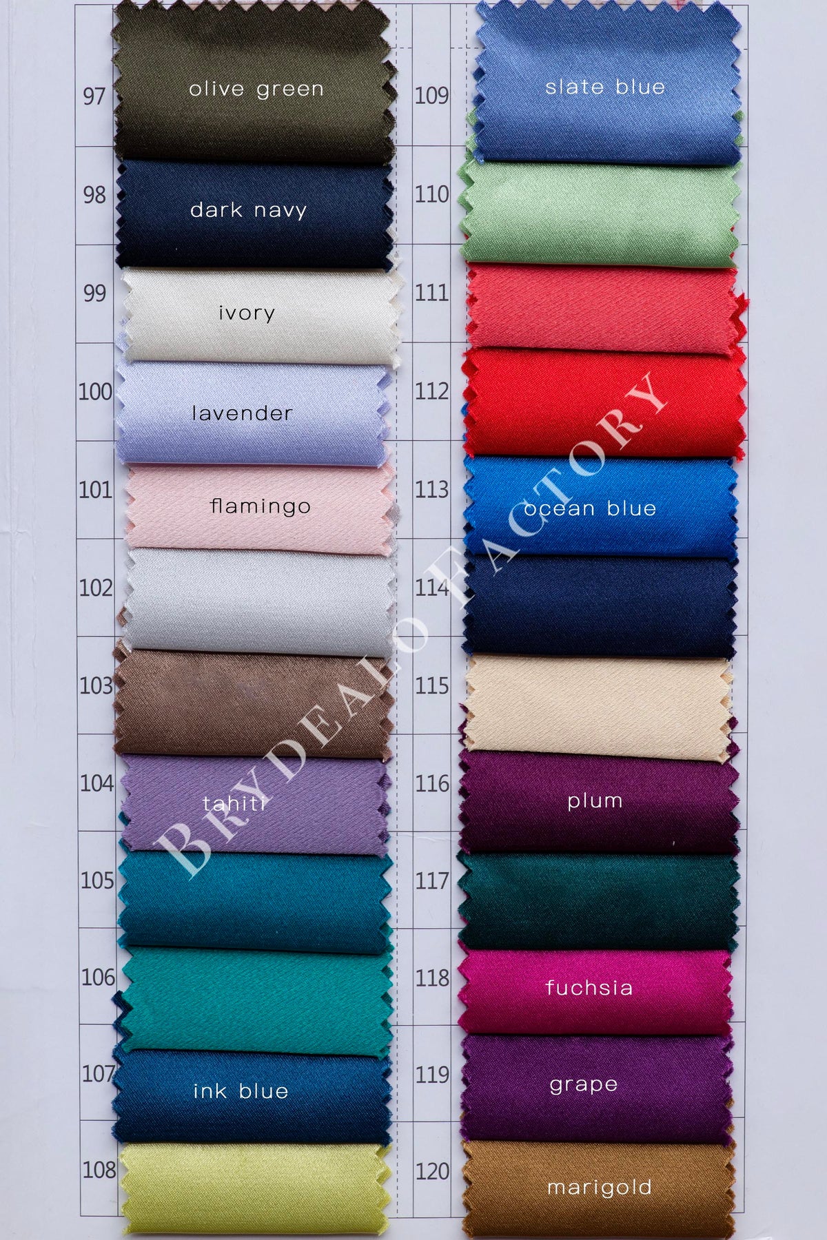 Silky Polyester Charmeuse Satin Fabric Color Chart 120+ Colors