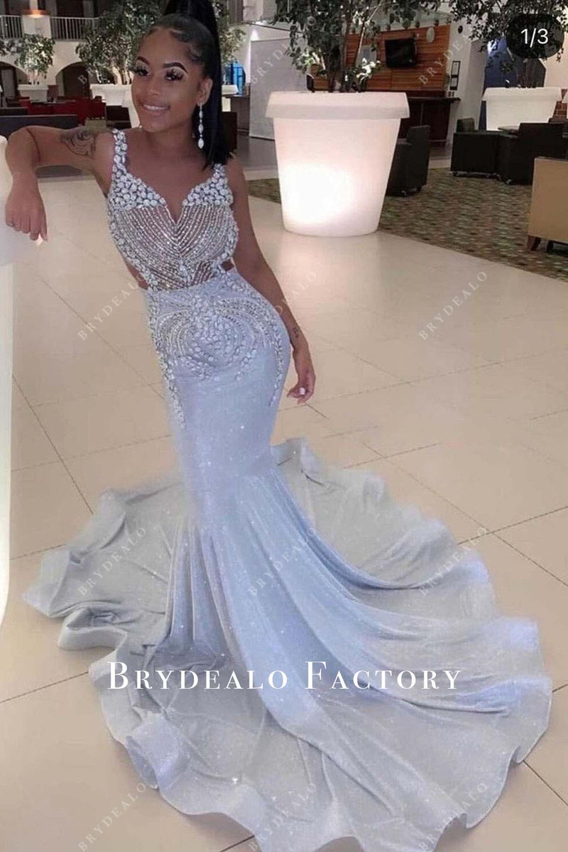 Silver Rhinestones V-Neck Glitter Trumpet Horsehair Prom Dress
