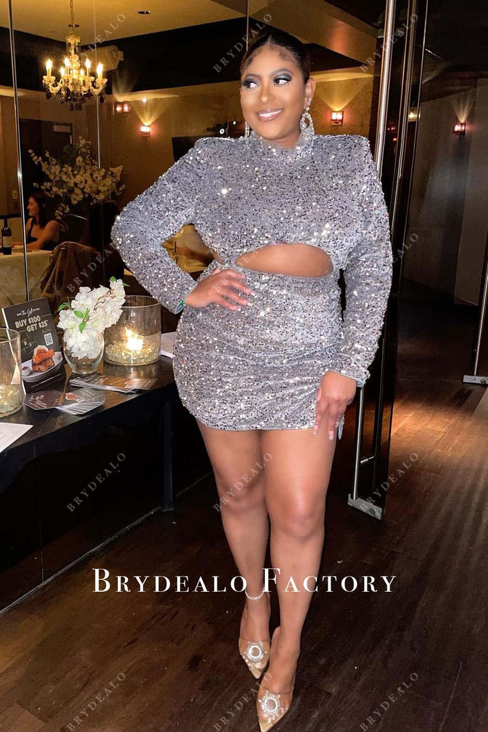 Plus Size Silver Sequin Long Sleeves Mini Bodycon Cocktail Prom Dress