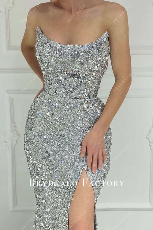 Sparkly Silver Sequined Strapless Scoop Neck Slit Prom Dress
