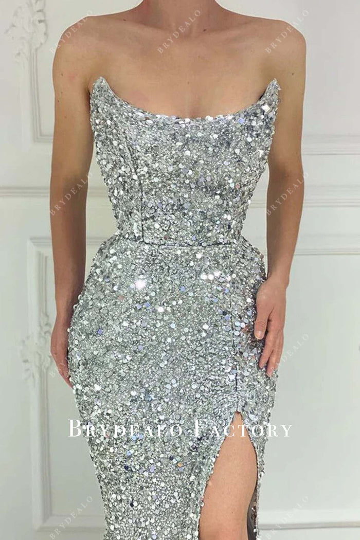 Sparkly Silver Sequined Strapless Scoop Neck Slit Prom Dress