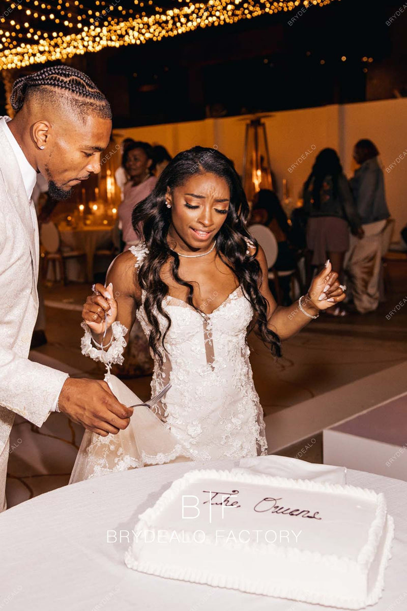 Simone Biles Designer Lace Cutouts Trumpet Wedding Reception Dress