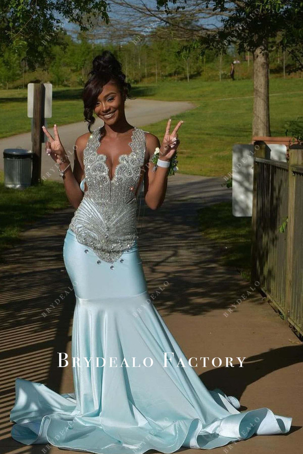 Rhinestones Bodice Blue Trumpet Long Train Prom Dress