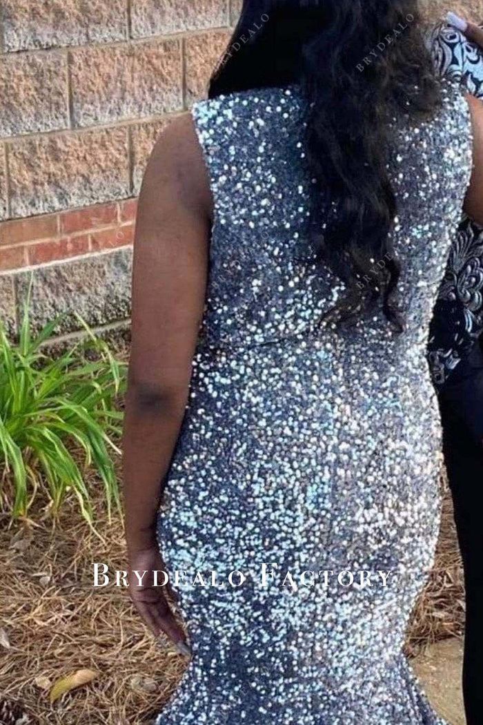 Rhinestone Grey Sequin Sleeveless Plus Size Mermaid Long Prom Dress