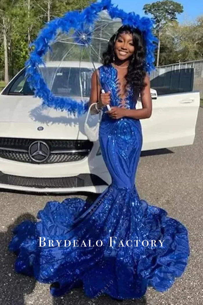 Sparkly Royal Blue Sleeveless Unique Mermaid Long Train Prom Dress