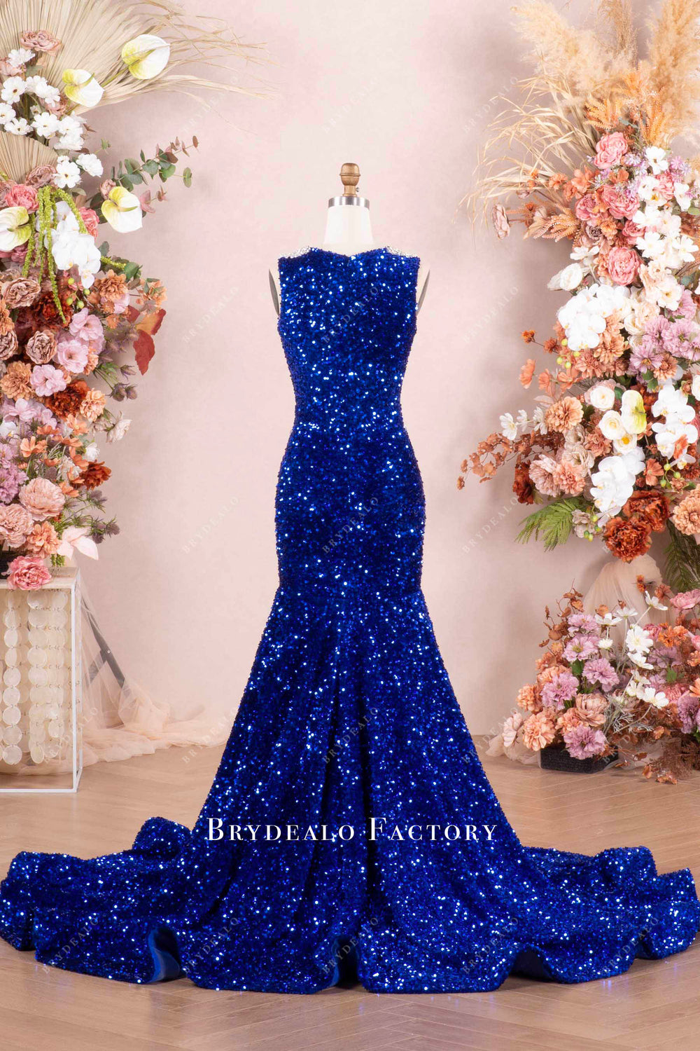Royal Blue Sparkly Rhinestone Velvet Sequin Mermaid Prom Dress