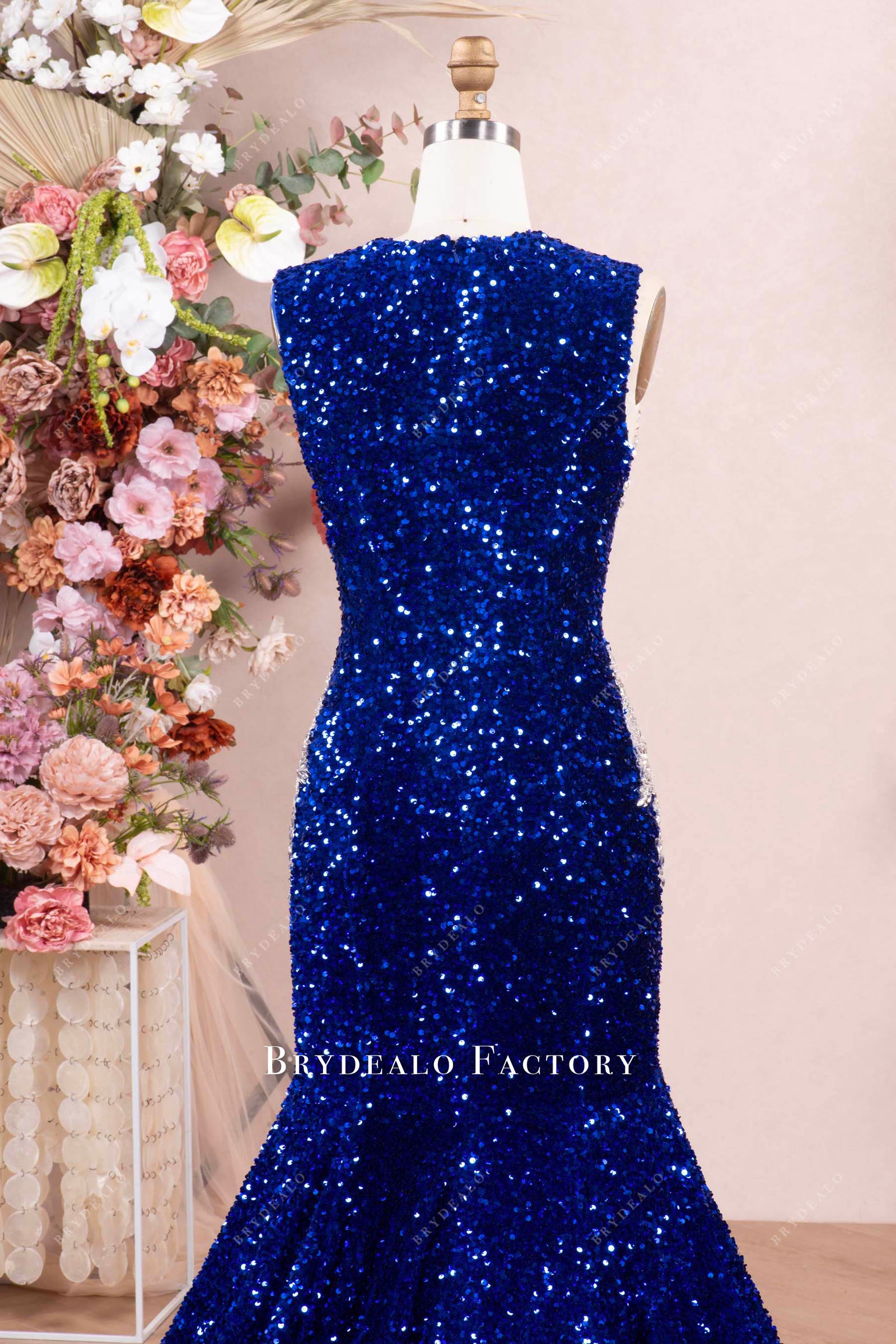 Sparkly Royal Blue Velvet Sequin Mermaid Prom Dress