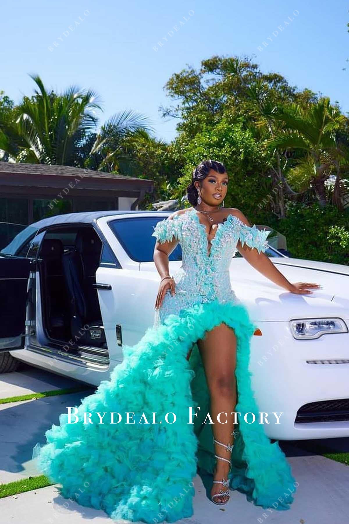 Beaded Spa Off Shoulder Ruffled Trumpet Prom Dress