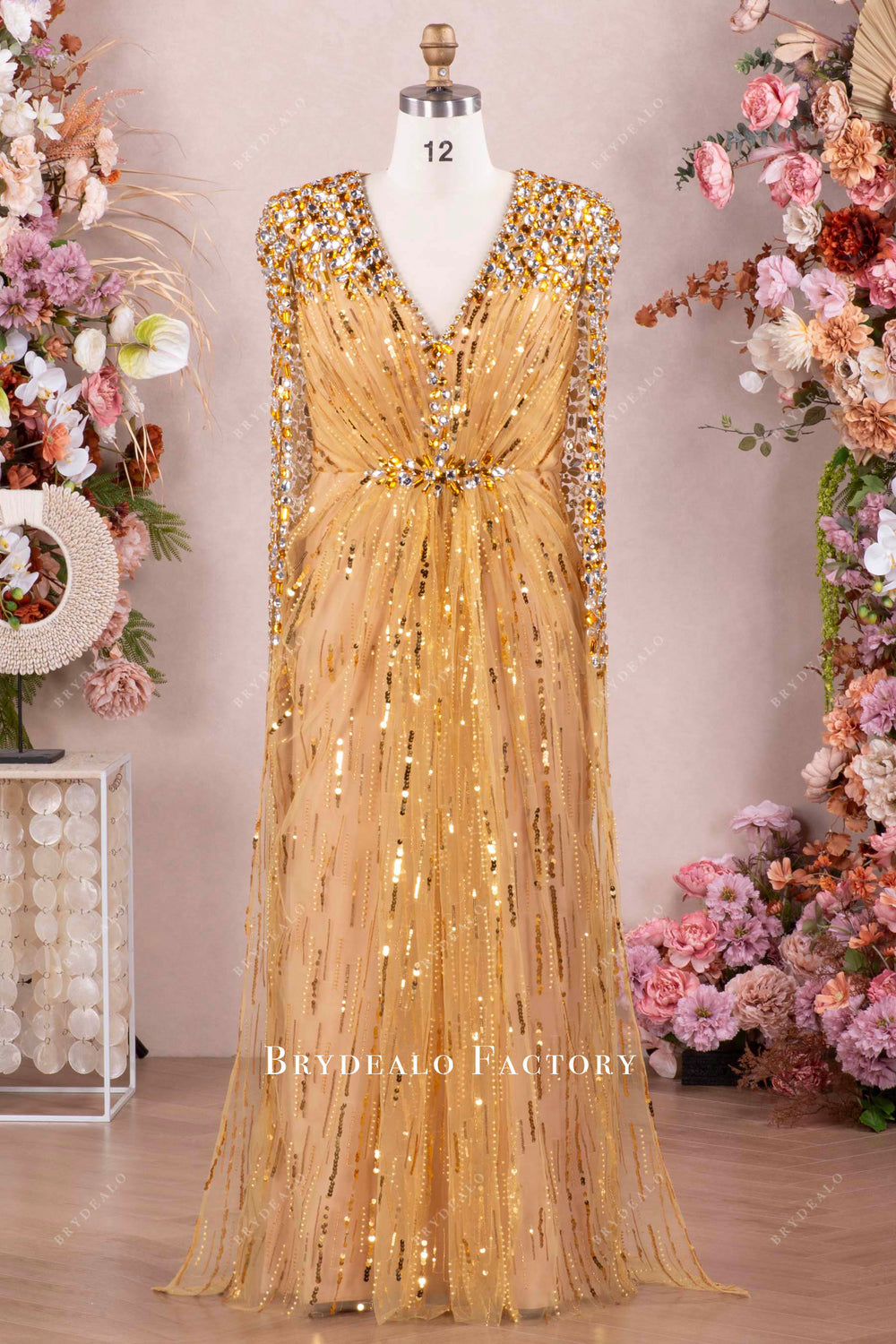 Luxe Gold Rhinestones V-neck Long Wedding Prom Dress