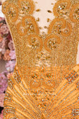 Gold Rhinestone Orange Jersey Feather Long Train Prom Dress