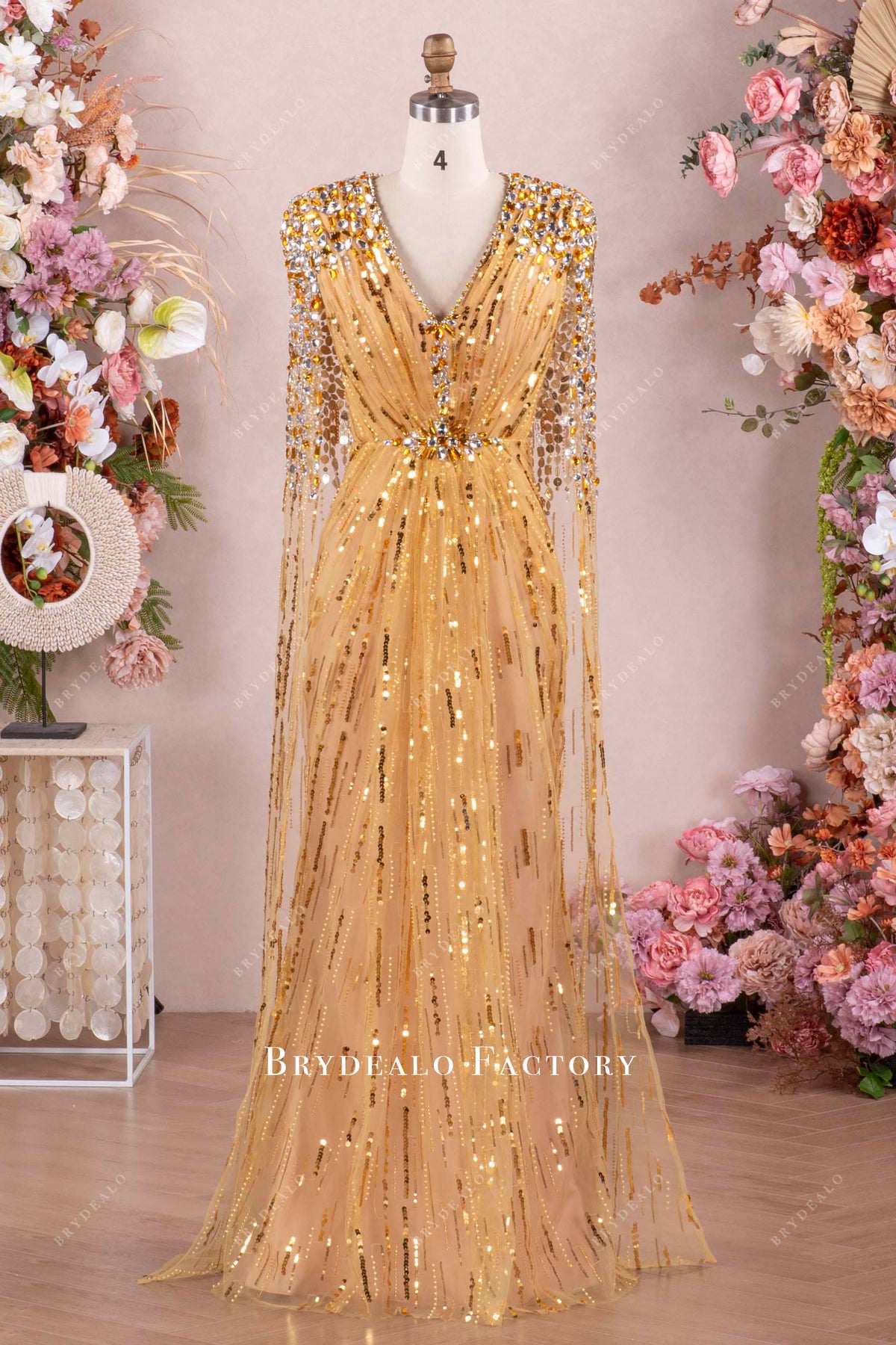Luxurious Various Rhinestones Gold Prom Formal Cape Dress