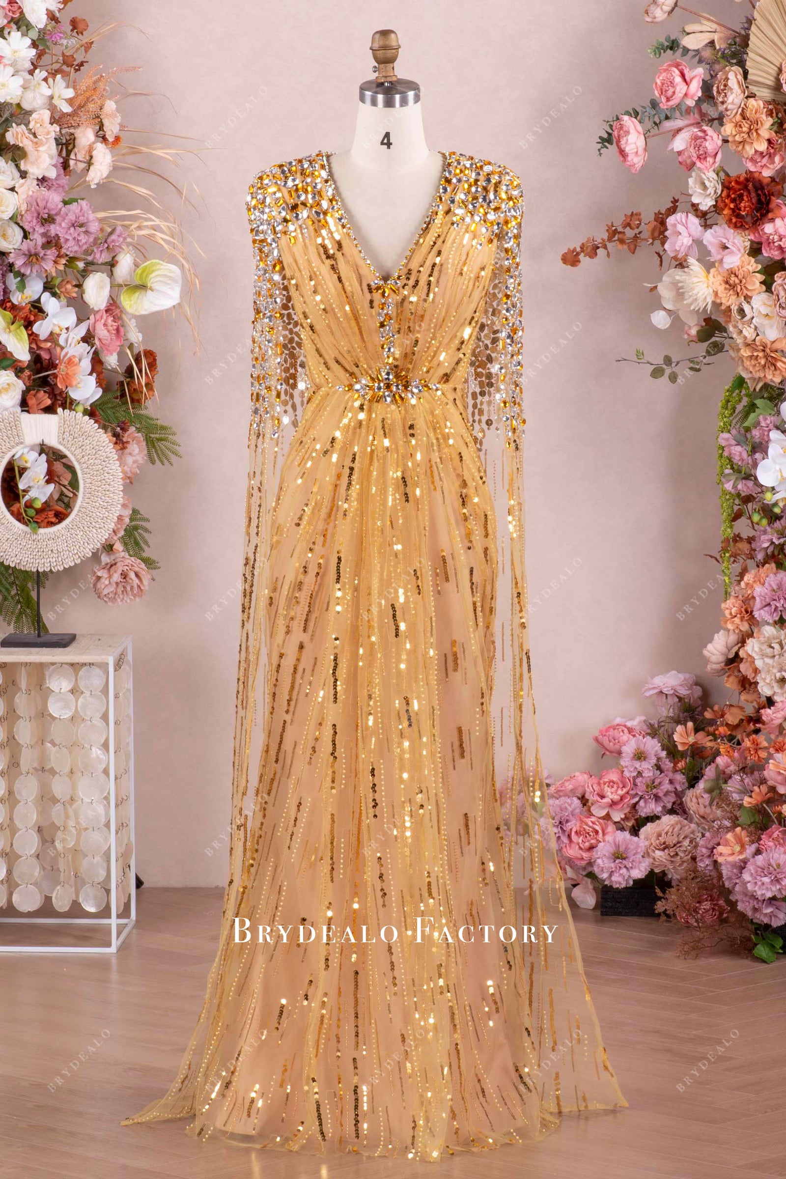 Luxurious Various Rhinestones Gold Prom Formal Cape Dress