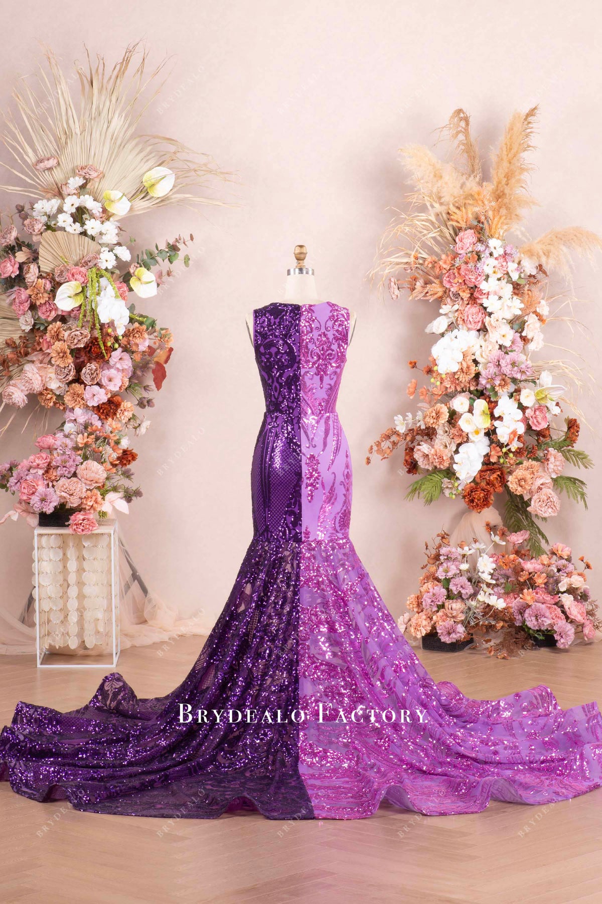 Dramatic Two-Tone Purple Sequin Split Color Prom Dress