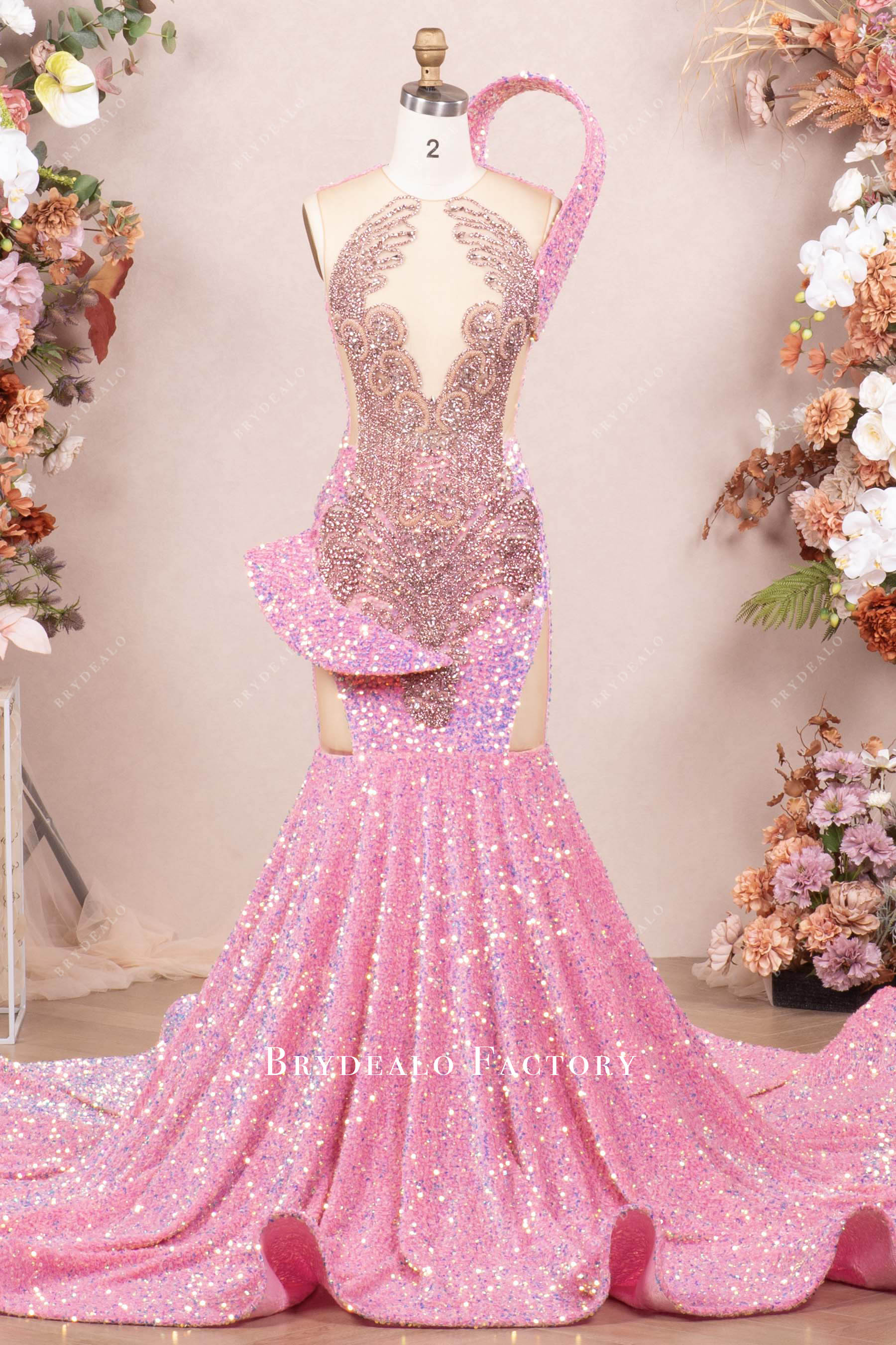 Sparkly Pink Sequin Rhinestone Shoulder Panel Prom Dress
