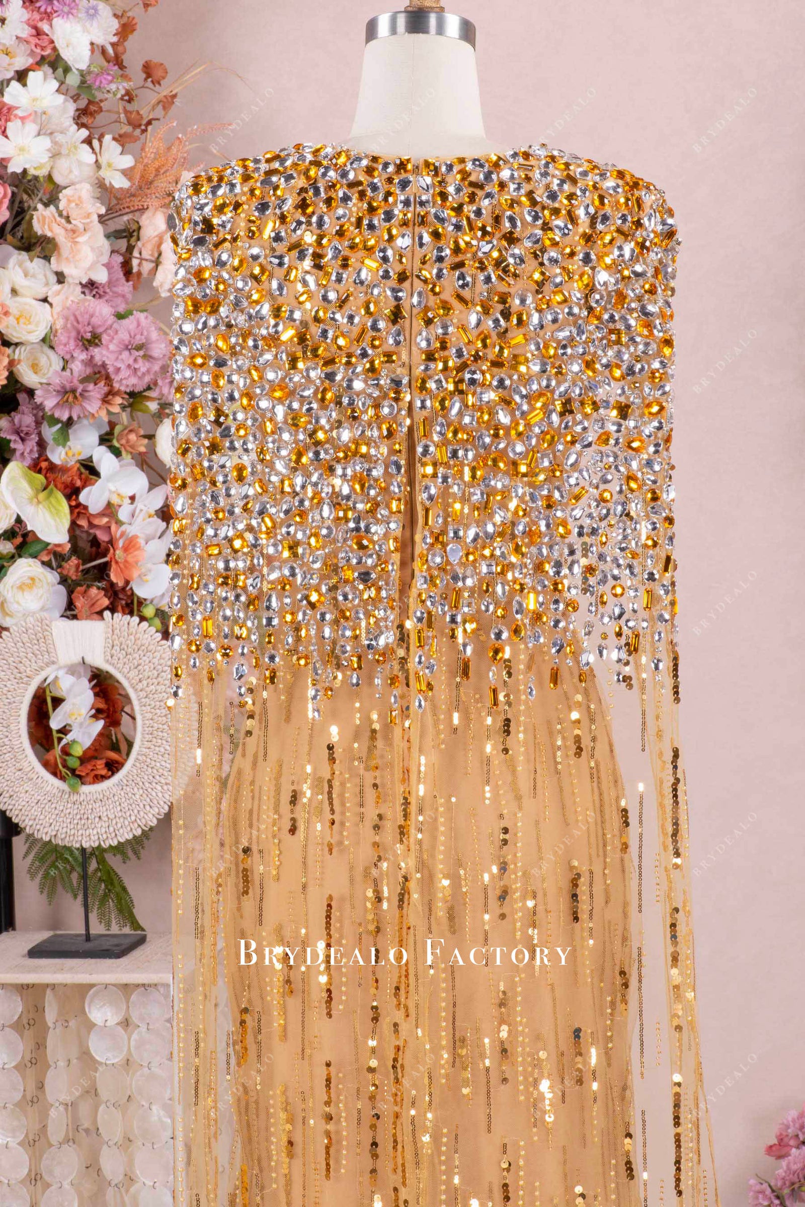 Luxurious Various Rhinestones Gold Prom Formal Cape Dress